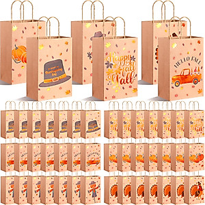 Yexiya 48 Pcs Fall Gift Bags Bulk Thanksgiving Kraft Paper Treat Candy Bag with Handles Goodies for Party Favors Supplies