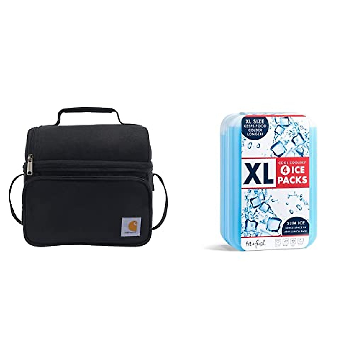 Carhartt Deluxe Dual Compartment Insulated Cooler Bag, Black & Fit & Fresh XL Cool Freezer Slim Ice Pack for Lunch Box, Set of 4, Large, Blue