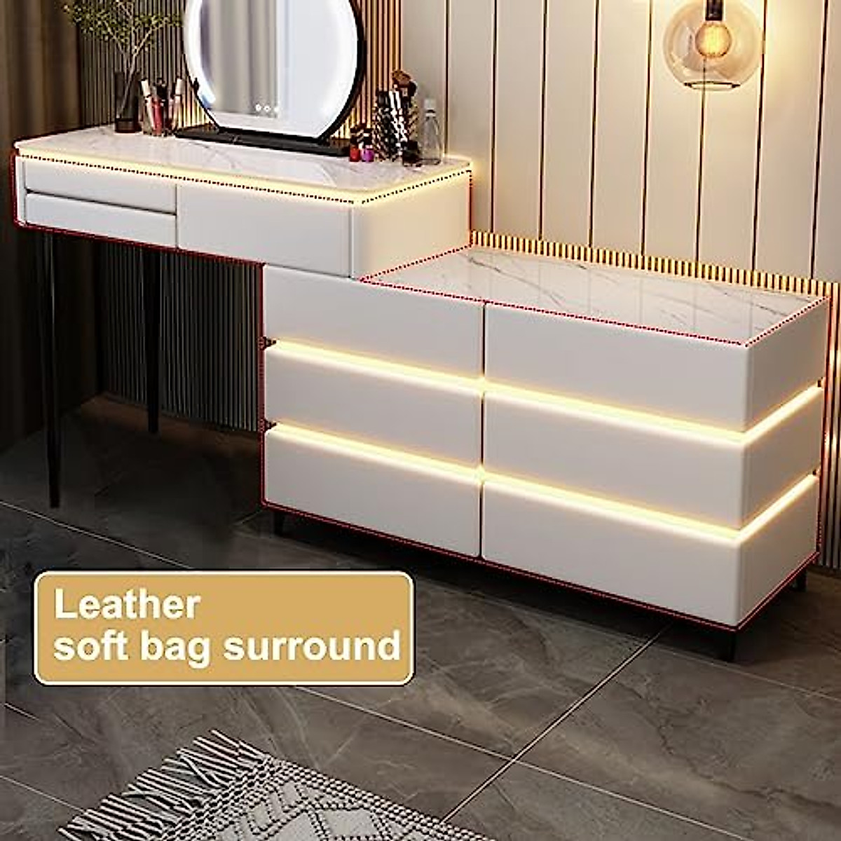 Attega Vanity Desk Set, Makeup Table with LED Lighted Mirror & Drawer Ambient Light, Dresser Desk with Side Cabinet & 9 Drawers Adjustable Dressing Table Set for Bedroom & Bathroom (White, 31.5 Inch)