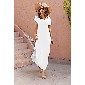 GRECERELLE Casual Summer Dresses Women Sexy Deep V Long Maxi Dress Short Sleeve Button Down Split Beach Dress with Pockets