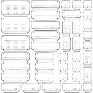 QUEFE 39 PCS Clear Drawer Organizer Set, 4-Size Plastic Drawer Organizers Trays Bathroom Organizers Dresser Storage Bins Separation Box for Makeup, Jewelries, Gadgets, Bathroom, Office, Bedroom.