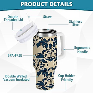 RPLIFE Blue Leaf Beige 40oz Tumbler with Handle, Stainless Steel Tumbler with Straw, Tumblers for Women