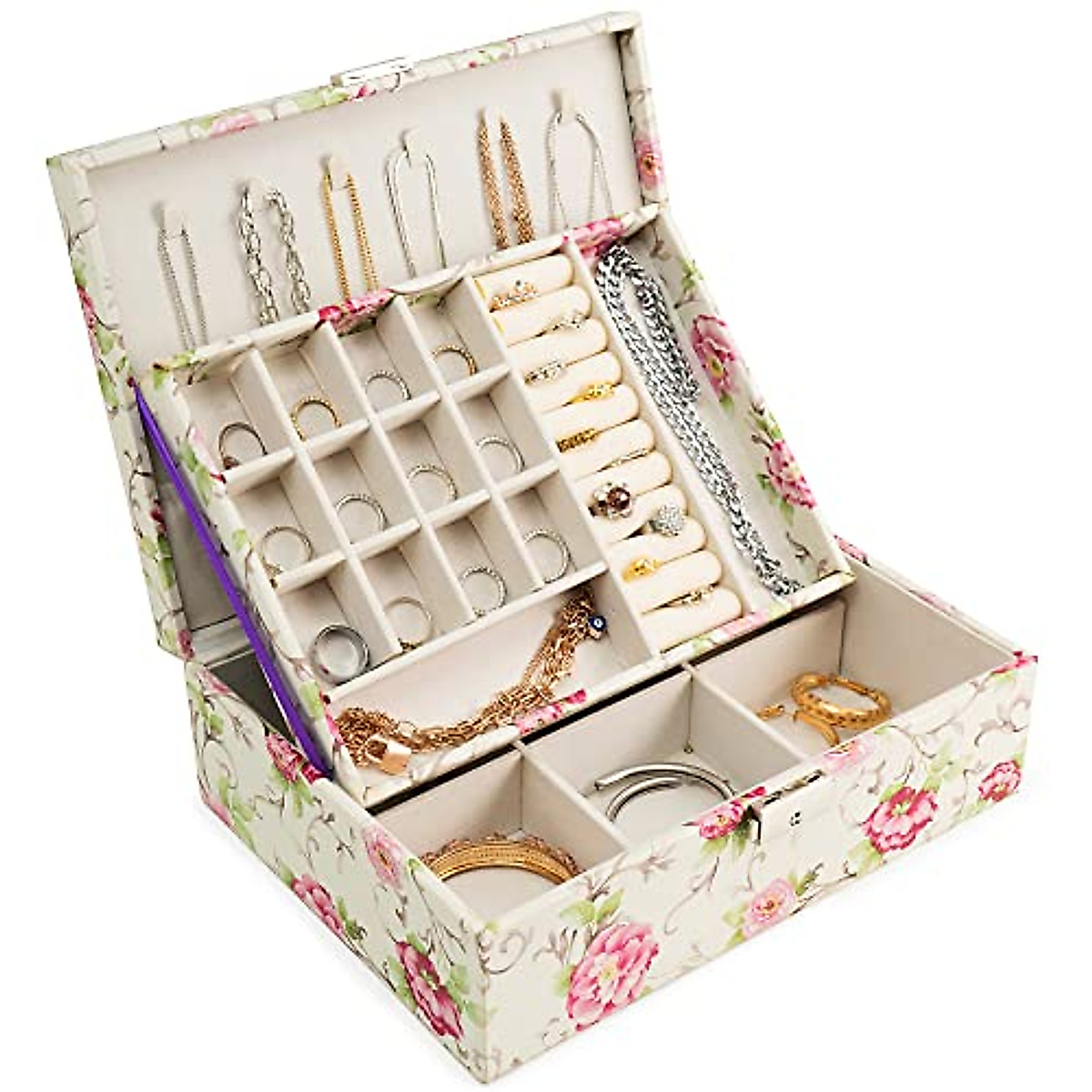 Jewelry Organizer Box - Women Two Layer Display Storage Case Large PU Leather Jewelry Holder with Lock for Earring Ring Necklace Bracelet, Beige White (Floral White)