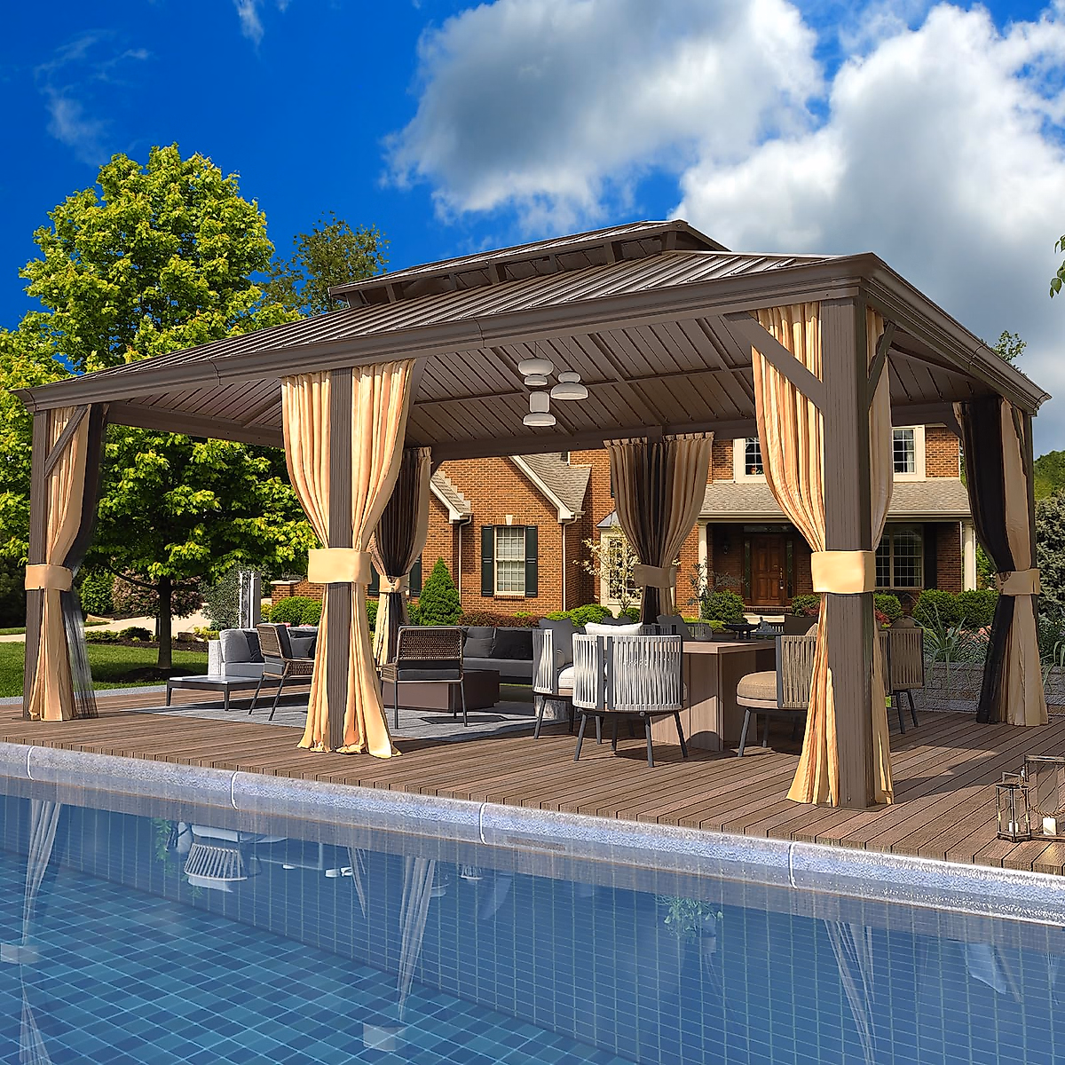 EROMMY 12'x18' Hardtop Gazebo,Galvanized Steel Double Roof Metal Gazebos with Curtain and Netting, Brown Permanent Pavilion Canopy with Aluminum Frame for Patios,Gardens,Lawns