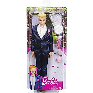 Barbie Ken Doll, Blonde Fairytale Groom with Satiny Blue Suit and 5 Accessories Including Bouquet and Wedding Cake