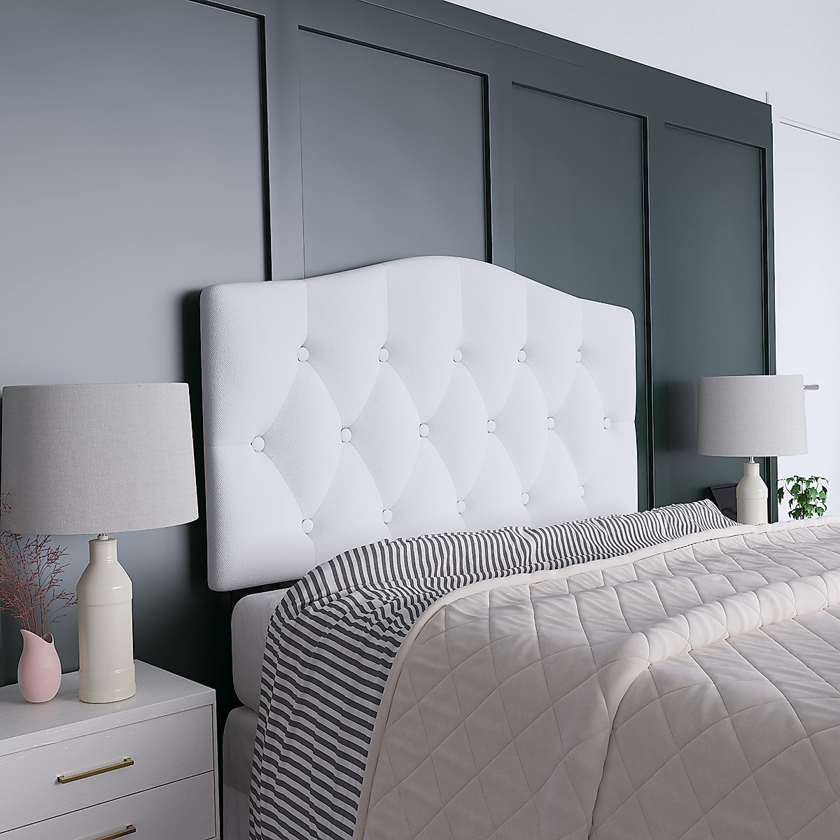 EMMA + OLIVER Tufted Upholstered Full Size Headboard in White Fabric