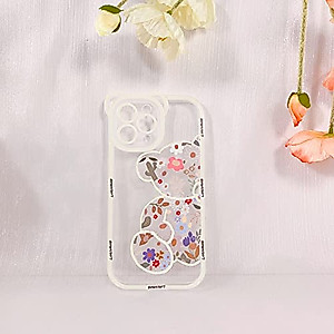 NITITOP Compatible for iPhone 13 Pro Max Case Clear Cute Flower Floral Bear for Girls Women Pattern with Bear Ears Soft TPU Shockproof Protective Girly Cover-Bear