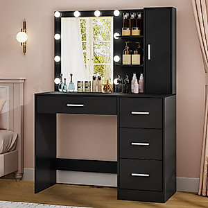 usikey Makeup Vanity with Lights, Vanity Desk with Mirror and 10 LED Lights, Vanity Table Set with 4 Drawers, Cabinet & 4 Necklace Hooks, Dressing Table for Bedroom, Black