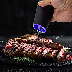 SimCoker Gravity Electric Salt and Pepper Grinder Set, Automatic Salt and Pepper Grinder Set Battery Operated, Adjustable Coarseness with LED Light, One Hand Automatic Operation, Spoon, Black, 2 Pack