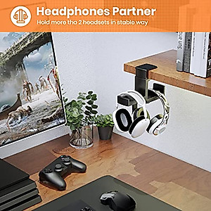 Dual Headphone Stand - Klearlook 2 in 1 360°Rotating Headphone Hook for Desk, Clamp Adjustable Twin Headset Holder Under Desk with Cable Organizer,Headphone Hanger for Gaming Headset,Controller-Black