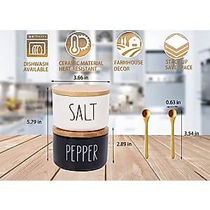 VICUKIE Farmhouse Salt And Pepper Bowls,Stacked Ceramic Salt Cellar With Bamboo Lid, Salt Container With Lid And Spoon, Modern Farmhouse Kitchen Decor, Salt Box, Spice Box(BLACK AND WHITE)