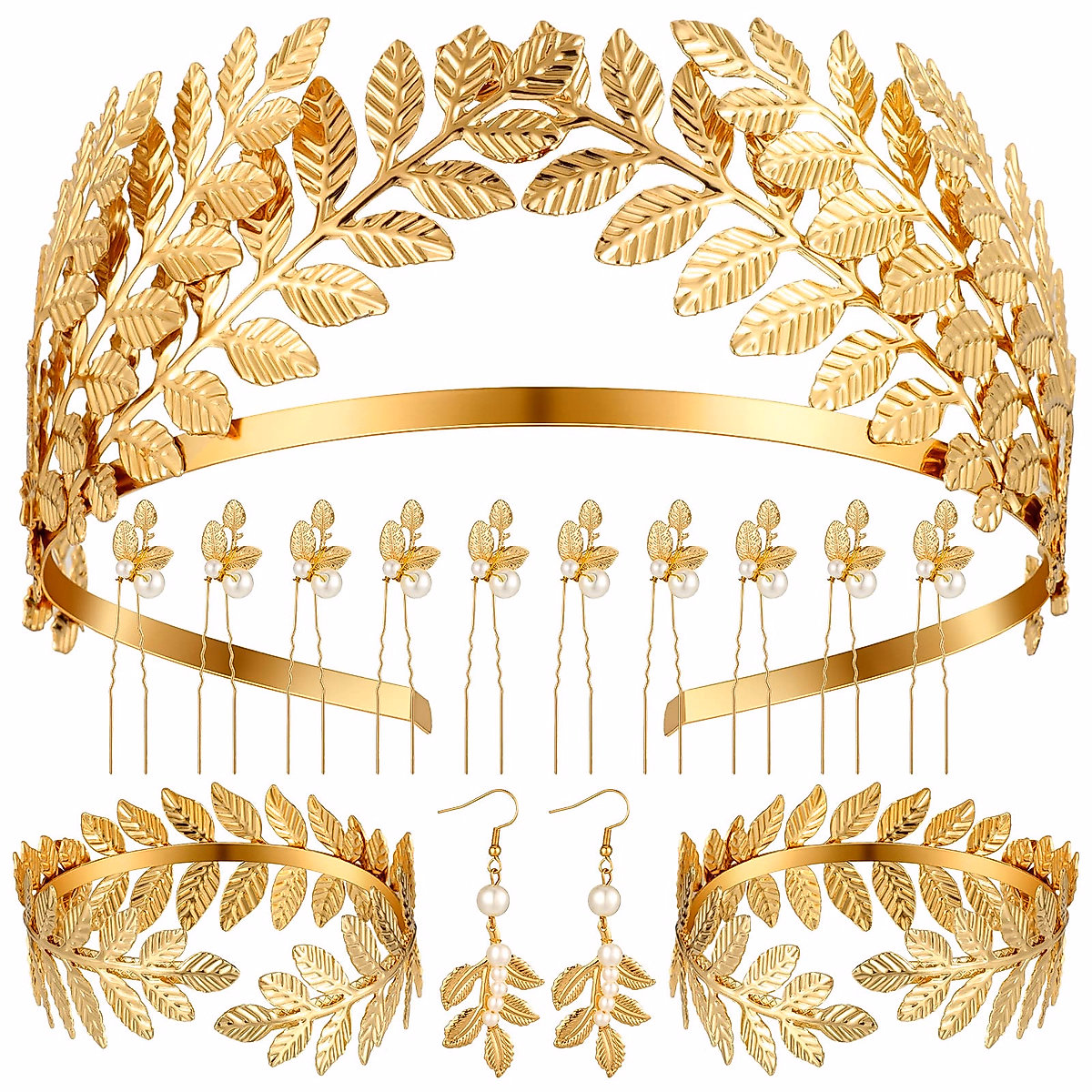 WILLBOND 15 Pieces Greek Goddess Costume Accessories Women Toga Golden Leaves Bridal Crown Headband Bracelet Pearl Earrings and Hair Pins (Fresh Style)