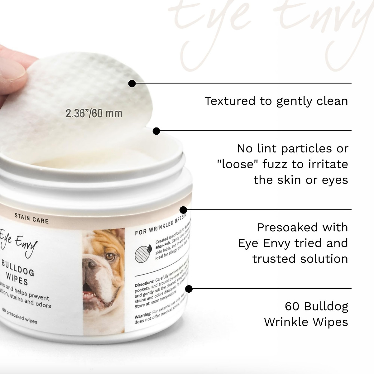 Eye Envy Bulldog Wrinkle Wipes | Wrinkle Wipes for French Bulldog, Pug, English Bulldog | Cleans Wrinkles, Bulldog Tail Pockets | Removes stains and odors | Natural, fragrance free wipes | 60 count