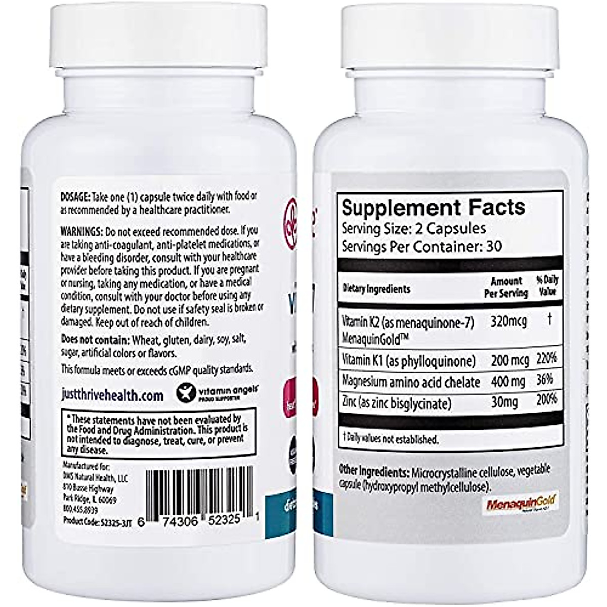 Just Thrive: Vitamin K2-7 - Bone and Heart Health Supplement with Magnesium, Zinc and Menaquinone-7-30-Day Supply - 320 mcg with Ultra Absorption - Support Teeth, Circulation, Brain and Nerve Health