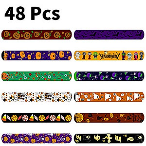 ELCOHO 48 Pieces Halloween Slap Bracelets Toys Assorted Halloween Designs Snap Bracelets Wristbands for Craft Halloween Party Favors Exchanging Gifts