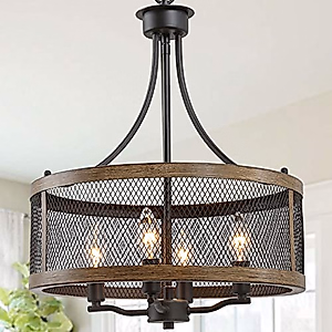 LALUZ Farmhouse Chandelier, Dining Room Light Fixture, Drum Chandeliers, 16” Width, Oil Black & Wood Painted Finish