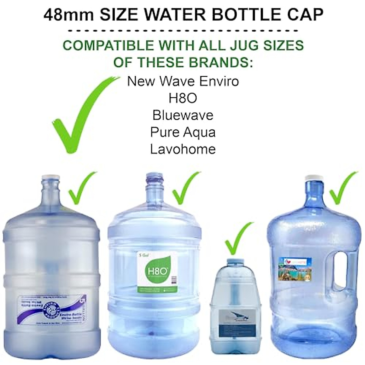 Screw-On Caps Compatible with 1-5 Gallon Bluewave, New Wave Enviro, PureAqua Brand Water Jugs, 48mm Size Bottle Lids, 2pk