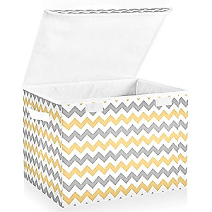 DOMIKING Yellow Grey Large Storage Bin with Lid Collapsible Shelf Baskets Box with Handles Clothes Toy Gift Storage for Shelves Cabinet Nursery Drawer