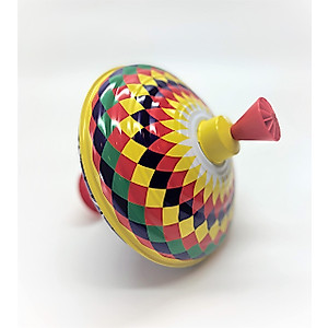 Classic Multicolour Spinning Tin Top Toy from KsmToys by Bolz. The Funny Buzzing Hum Gets Louder As The Top Spins Faster, 7.5" x 7.5" x 7.5" Ages 18 m+