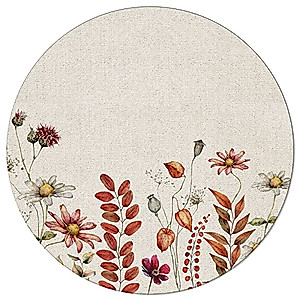 Large Round Area Rug for Living Room Bedroom, 4ft Non-Slip Rugs for Kids Room, Thanksgiving Fall Farmhouse Wild Flowers Retro Linen Washable Carpet Floor Mat for Home Nursery Room Decor