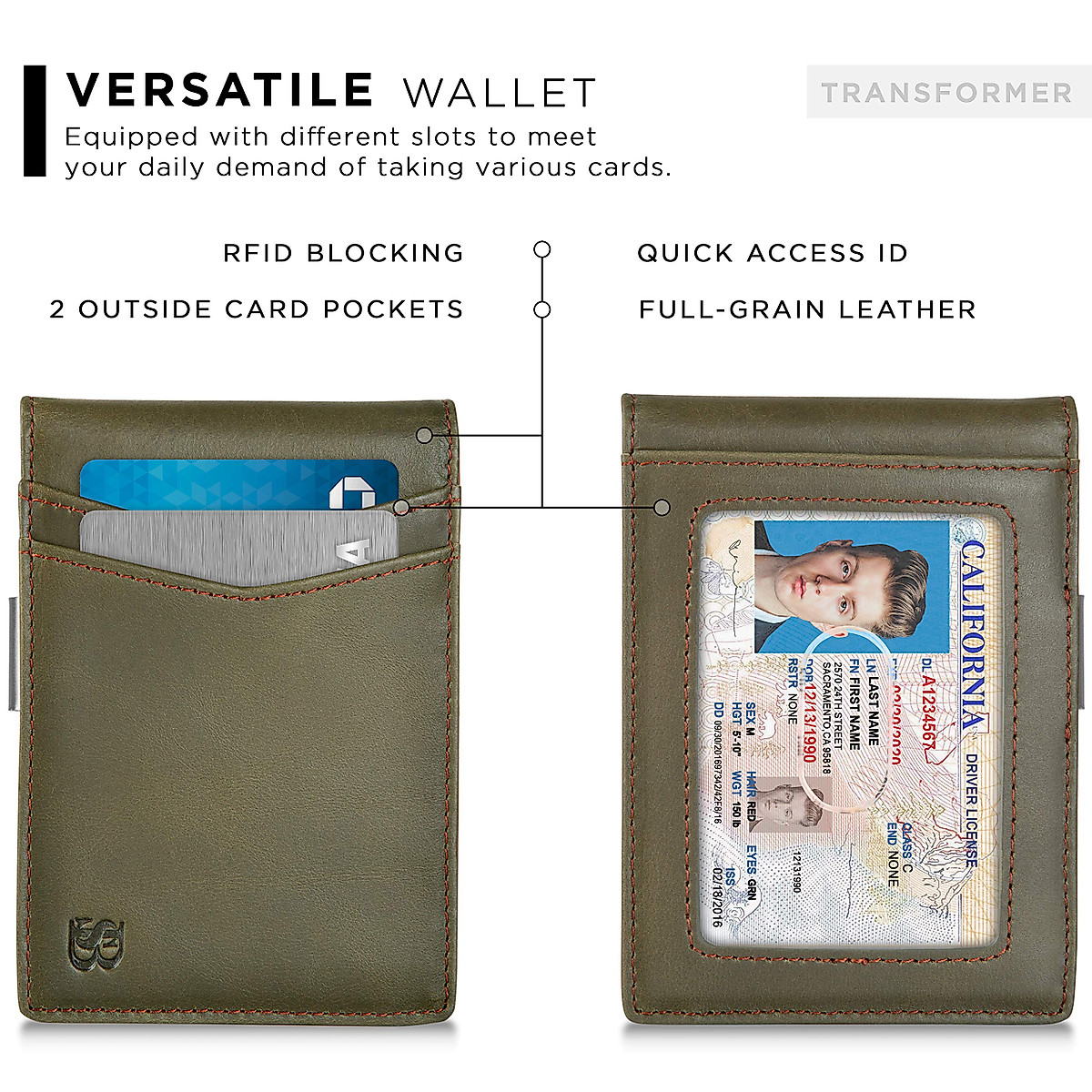 SERMAN BRANDS Money Clip Wallet - Mens Wallets slim Front Pocket RFID Blocking Card Holder Minimalist Mini Bifold (Salted Green Transformer)