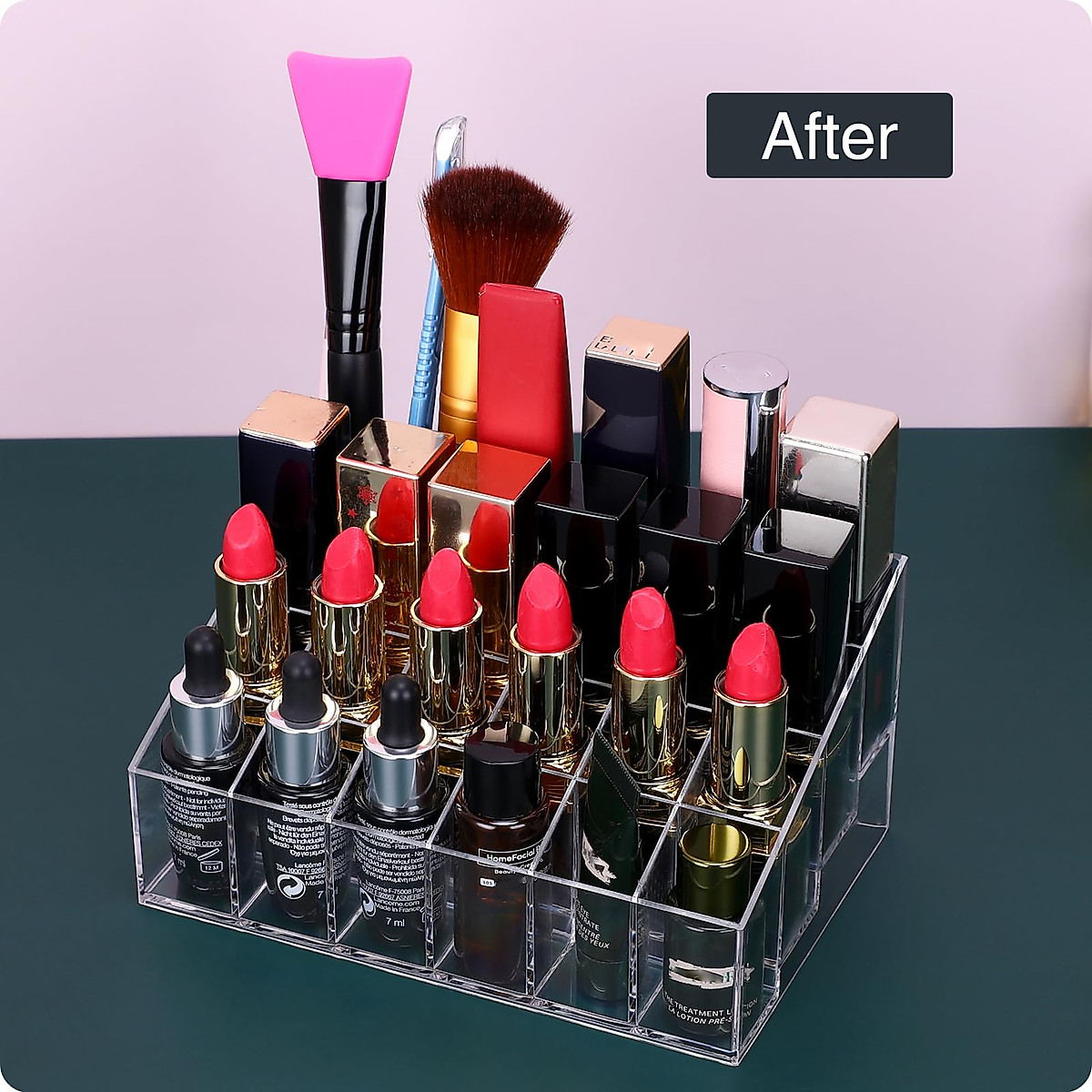 MOSIKER Lipstick Organizer,Small Clear Plastic Compact Lip Gloss Chapstick Perfume Sample Mascara Holder with 24 Slots