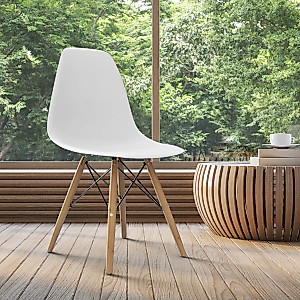GOFLAME DSW Dining Chairs, Shell Plastic Chairs with Wood Legs, Modern Style Armless Chairs for Living Room Kitchen Bedroom, Eiffel DSW Style Side Chairs with Ergonomic Backrest Set of 2, White