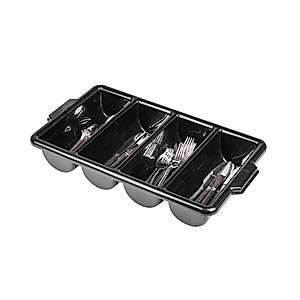 RW Clean 21.9 x 14.2 x 3.5 Inch Silverware Organizer, 1 Crack-Resistant Cutlery Tray - 4 Compartments, Built-In Handles, Black Plastic Utensils Drawer Holder, Wrap-Resistant, For Kitchen Organization