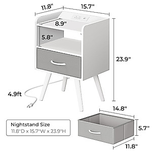 Huuger Night Stand with Charger Station, White Nightstand with Drawer and Open Shelf, Bedside Table, End Table with Solid Wood Feet, Side Table for Bedroom