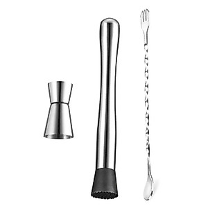 3 PCS Stainless Steel Cocktail Mixer Kit Stirring Spoon Lemon Mashing Stick 15ml 30ml Jigger Bar Tool Accessories Home Bartending Kit and Martini Cocktail Shaker Set