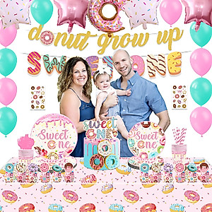 Sweet One Birthday Party Supplies for 2 Year Old Girl, 150 Pcs Donut Party Decorations for Girls Baby - Backdrop, Banner, Cake, Cupcake Toppers, Cupcakes Wrappers, Tablecloth