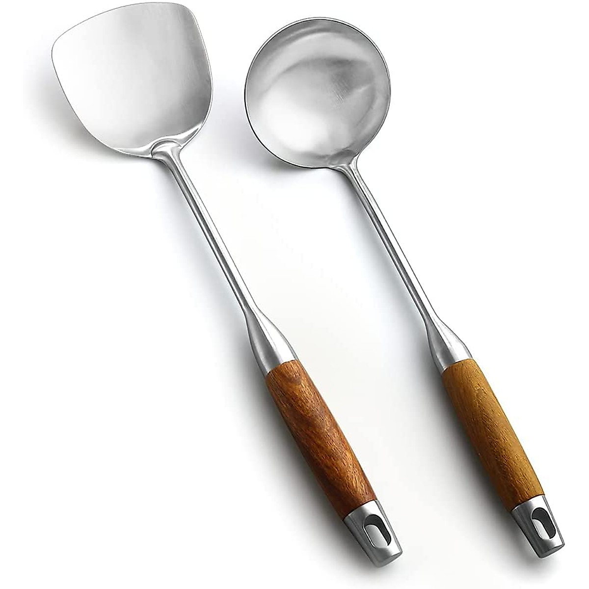 Wok Spatula & Ladle Tool Set, AOOSY 18/10 Stainless Steel Cooking Utensils, Wooden Handle Wok Utensils Soup Ladle 15 inches Set of 2