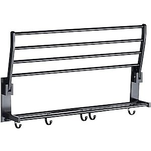 Towel Racks, Towel Rack Towel Holder Bathroom Towel Rail Foldable Double Towel Holder Bathroom Shelf Wall Towel Rack with Hooks Shelf Storage Rack Wall Shelf Organizer Bath Towel Holder/Black/60Cm