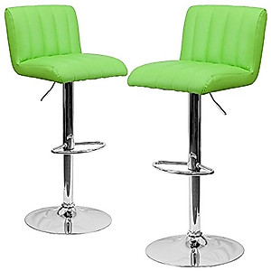 Contemporary Bar Stool Vertical Line Design Hydraulic Adjustable Height 360-Degree Swivel Seat Sturdy Steel Frame Chrome Base Dining Chair Bar Pub Stool Home Office Furniture - Set of 2 Green #1983