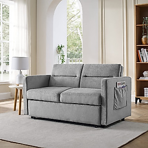 LIADTOP 54.5'' Modern Convertible Sleeper Two Side Pockets, Grey Fabric w/Pull-Out Bed Loveseat Sofa Couch and Adjsutable Back for Living Room