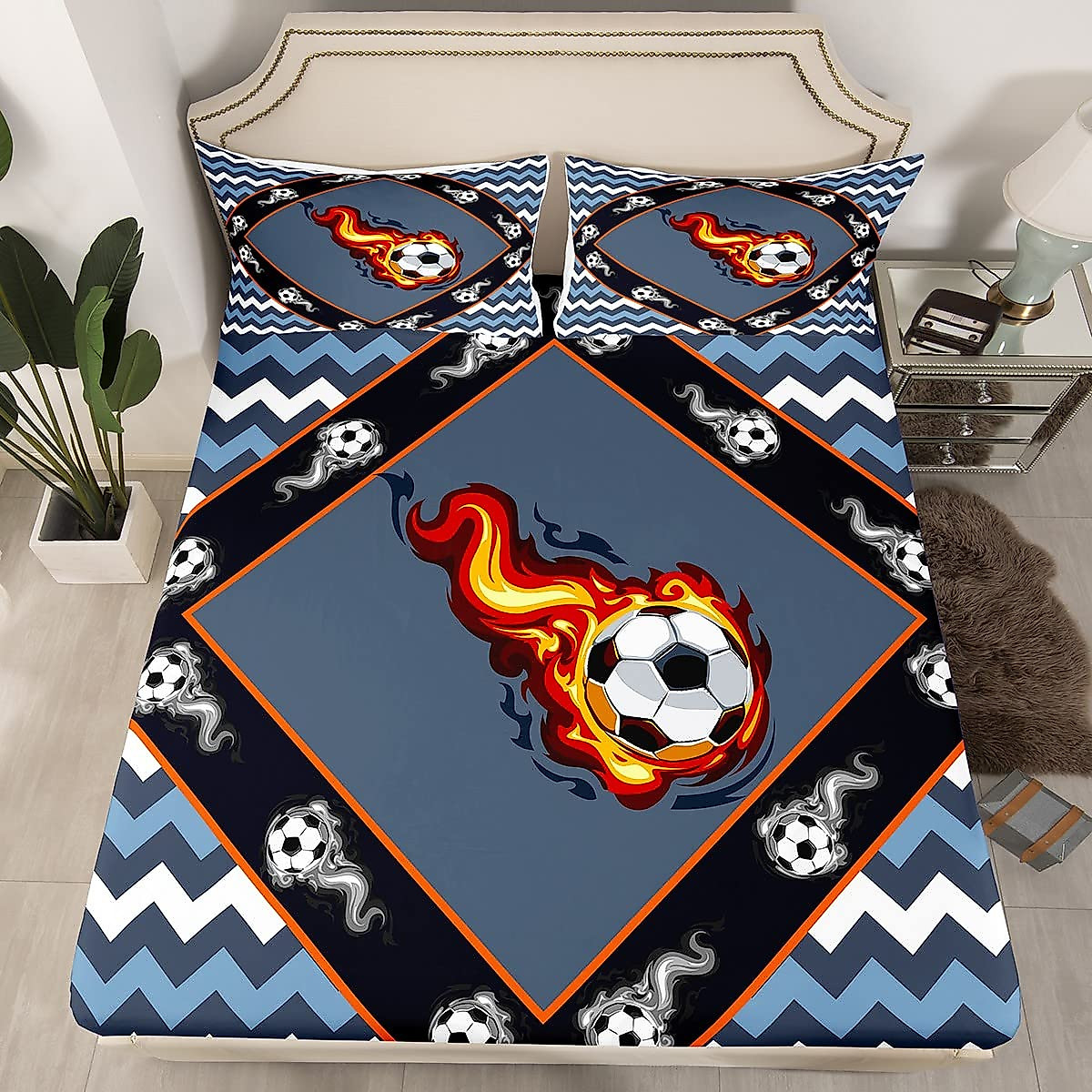 Erosebridal Soccer Sheet Set for Kids Boys Girls,Black Blue Geometric Striped Bed Sheets King,Flame Football Bedding Set,Modern Sports Ball Print Fitted Sheet + Top Sheet + 2 Pillowcases