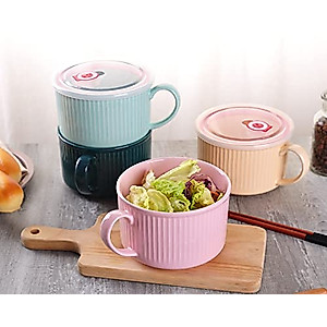 WHJY 30oz Ceramic Bowl with Lid and Handle for Soup and Instant Noodles Soup Mug, Modern Simple Style, with Heat Preservation Handle - Blue