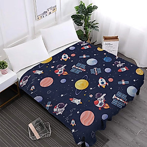 Outer Space Theme Throw Blanket for Kids, 50 x 60 Inch Blue Space Astronaut Rocket Fuzzy Plush Blanket for Boys Gift, Soft Galaxy Planet Spaceship Flannel Blanket for Children Teen Bed Couch Decor