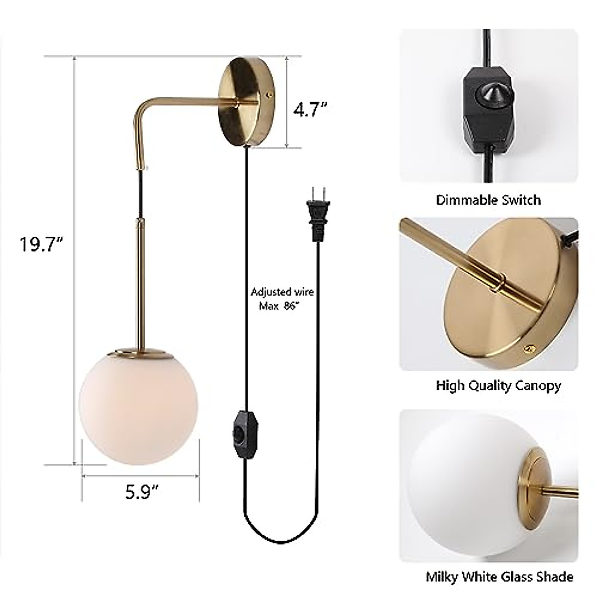 HuisMier Mid Century Globe Wall Sconce, Brushed Brass Plug in Wall Sconces with Dimmable Switch, Modern Glass Wall Light Fixture for Bedroom Living Room Corridor