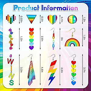 12 Pairs Rainbow Earrings Gay Pride Earrings LGBTQ Mesh Drop Clip on Earrings Lightweight Chain Rainbow Earrings Dangle Earrings Round Heart Lightning Drop Earrings for Women Men