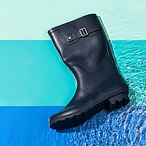 NORTY Women's Hurricane Rain Boots - Mid-Calf Length - Glossy Matte Waterproof Rubber Shoes - Matte Navy Size 9