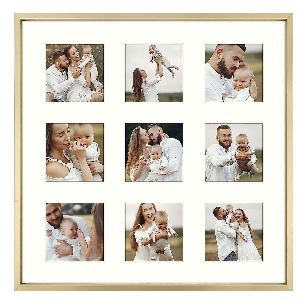Golden State Art, 4x4 Aluminum Collage Frame, Displays 4 x 4 Pictures With 9 Openings Mat or One 16x16 Photo, Real Glass, Wall Display, Gold, 1 Pack