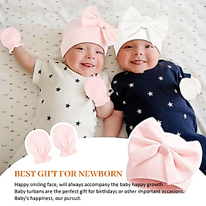 Newborn Hospital Hats Gloves Baby Infant Bow Beanie Cotton Caps No Scratch Hat Mittens Set for 0-6 Months