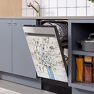 FRES Vase Flower Dishwasher Magnet Covers for The Front,Wood Texture White Floral Refrigerator Magnetic Stickers,Oil Painting Spring Home Cabinet Decor Panel Decal 23x26inch