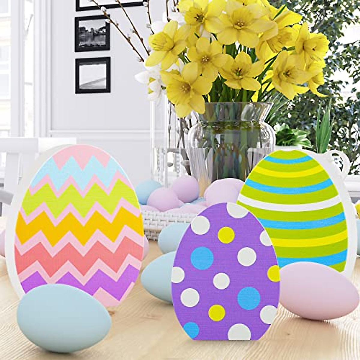 3 Pieces Easter Egg Table Wooden Signs Egg Farmhouse Decorations Spring Egg Wood Tabletop Easter Decorations Easter Egg Dining Room Table Centerpiece for Easter Party Home Office Desk Decor