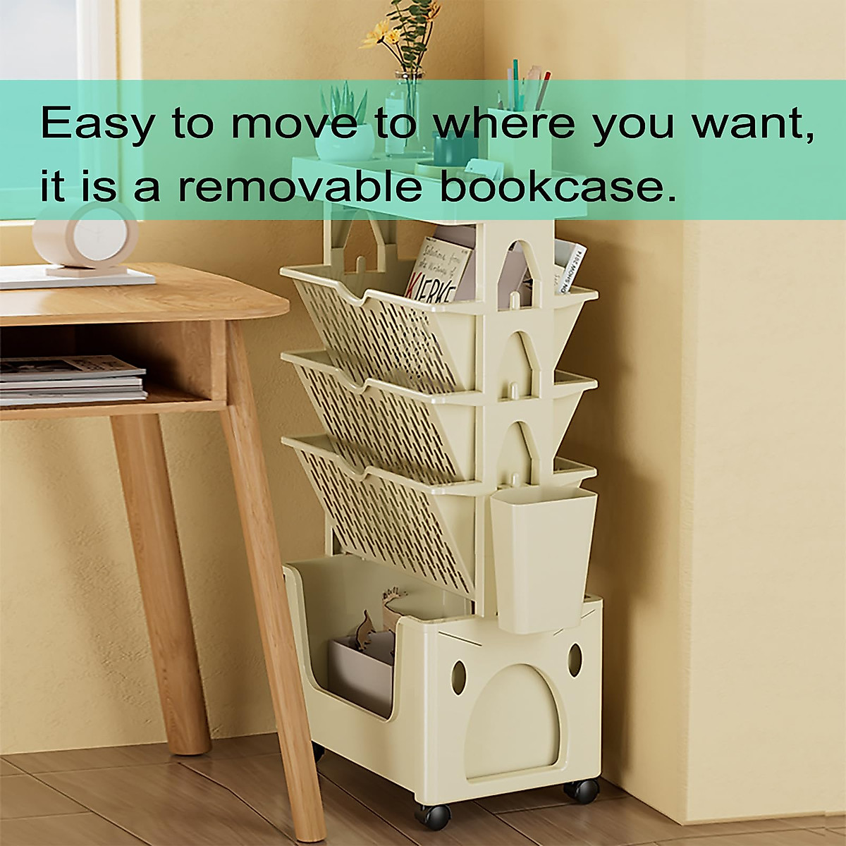 APBATS 5 Tier Removable Movable Bookshelf, Mobile Unique Bookcase, Utility Organizer Khaki Bookshelves with Wheels for Children Students Study in Bedroom Living Room Home School, Big-double-sided