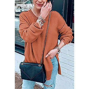MEROKEETY Women's 2025 Fall Winter Casual Oversized Pullover Sweater Loose Crew Neck Long Sleeve Side Split Jumper Top, Orange, L