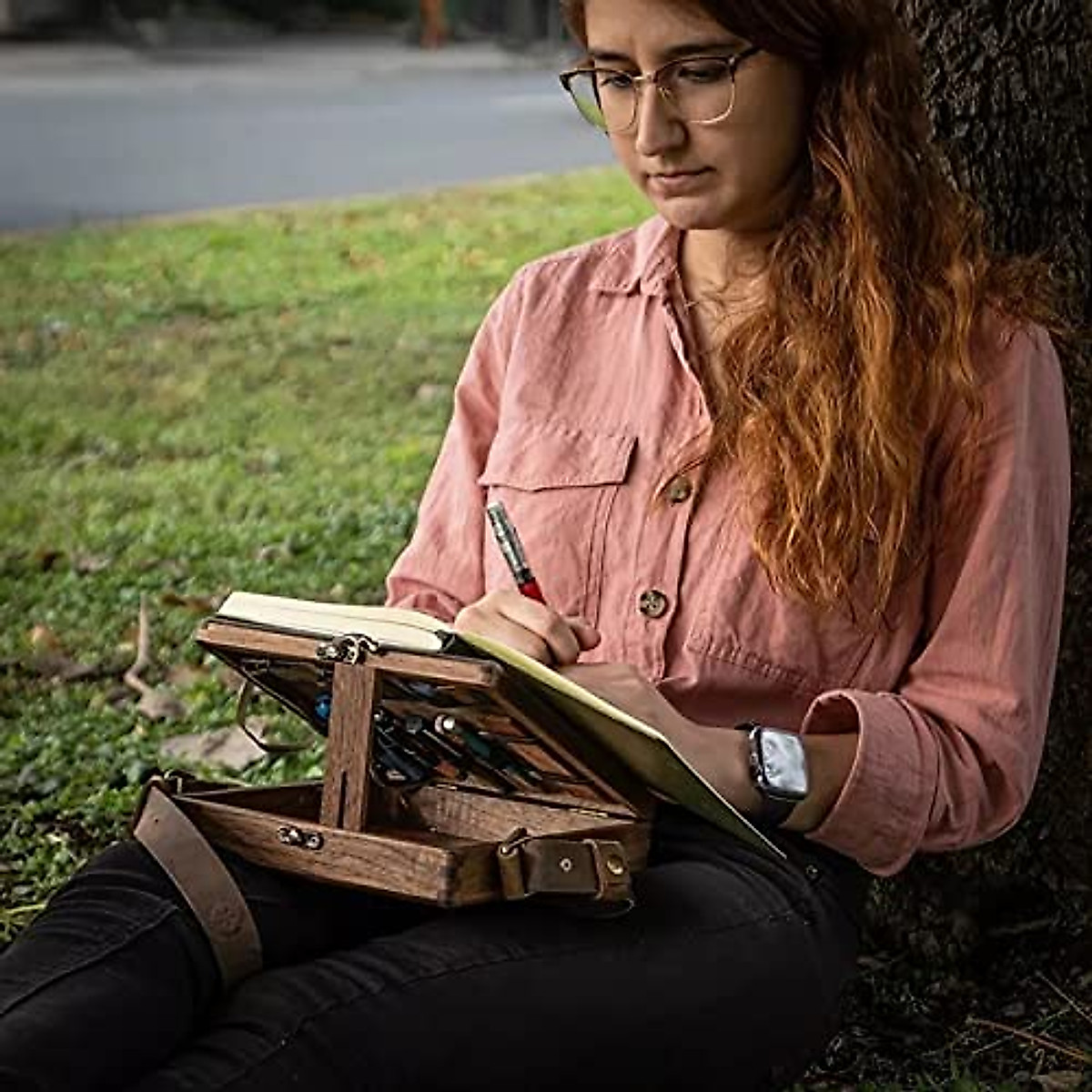 EUKK Writers Messenger, Multi-Function Artist Tool and Brush Storage Retro Wooden Handmade Portable Crossbody Postman Bag, Carry-on Box with Lid for Anyone That Loves Writing