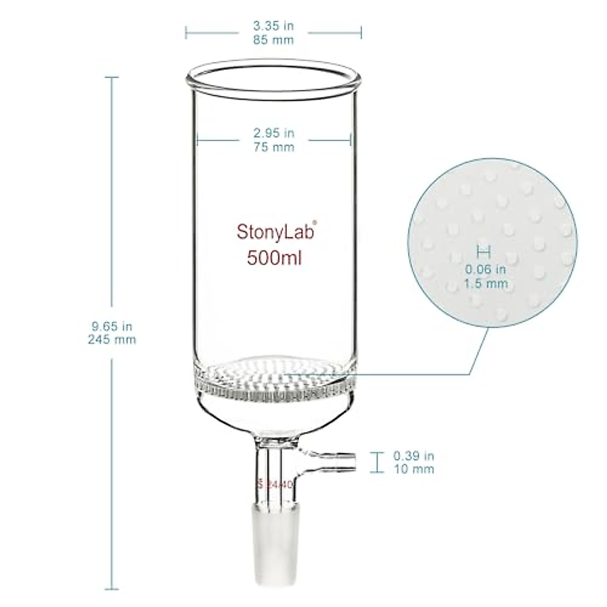 stonylab Glass Buchner Filtering Funnel, Borosilicate Glass Plate Filter Funnel with 9 mm Hose Connection and 24/40 Standard Joint for Filter Test, 500 ml