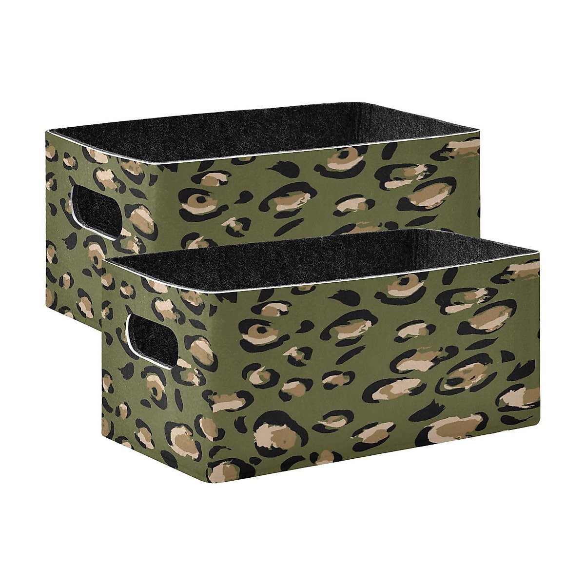 Kigai Hunter Green Leopard Storage Basket for Shelves, Foldable Open Storage Bins with Double Handle, Set of 2 Rectangular Felt Storage Organizer Boxes for Office Desk Home